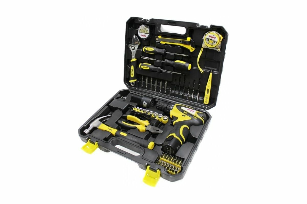 WMC TOOLS WMS Tools Набор инструментов с шуруповертом 68пр.1/4' 6гр 5-13мм, шарнирно-губцевый инстр, отвертки, биты, молоток, сверла;12В,0-1350об/мин,28N/M WMC-2068(48158)