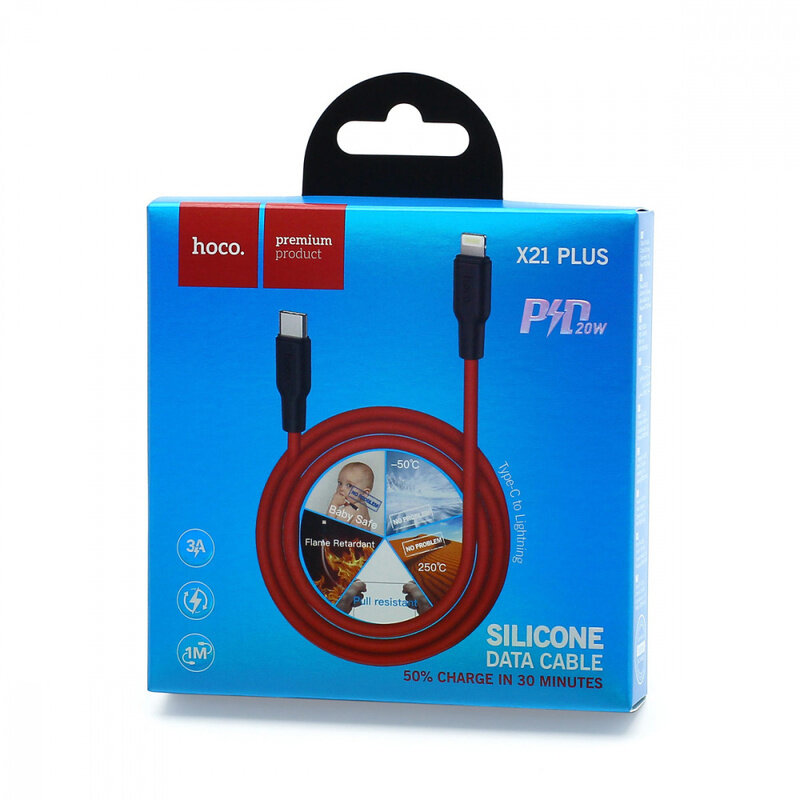 Кабель HOCO Type-C - 8 pin 20W SILICONE 1m красный/чёрный (X21 Plus)
