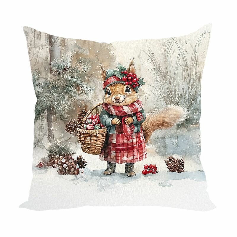 Подушка декоративная Белочка Берта в новогоднем лесу велюр 40х40 Новый год