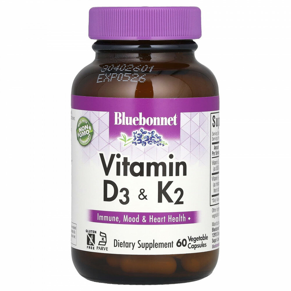 Bluebonnet Nutrition, витамины D3 и K2, 60 вегетарианских капсул