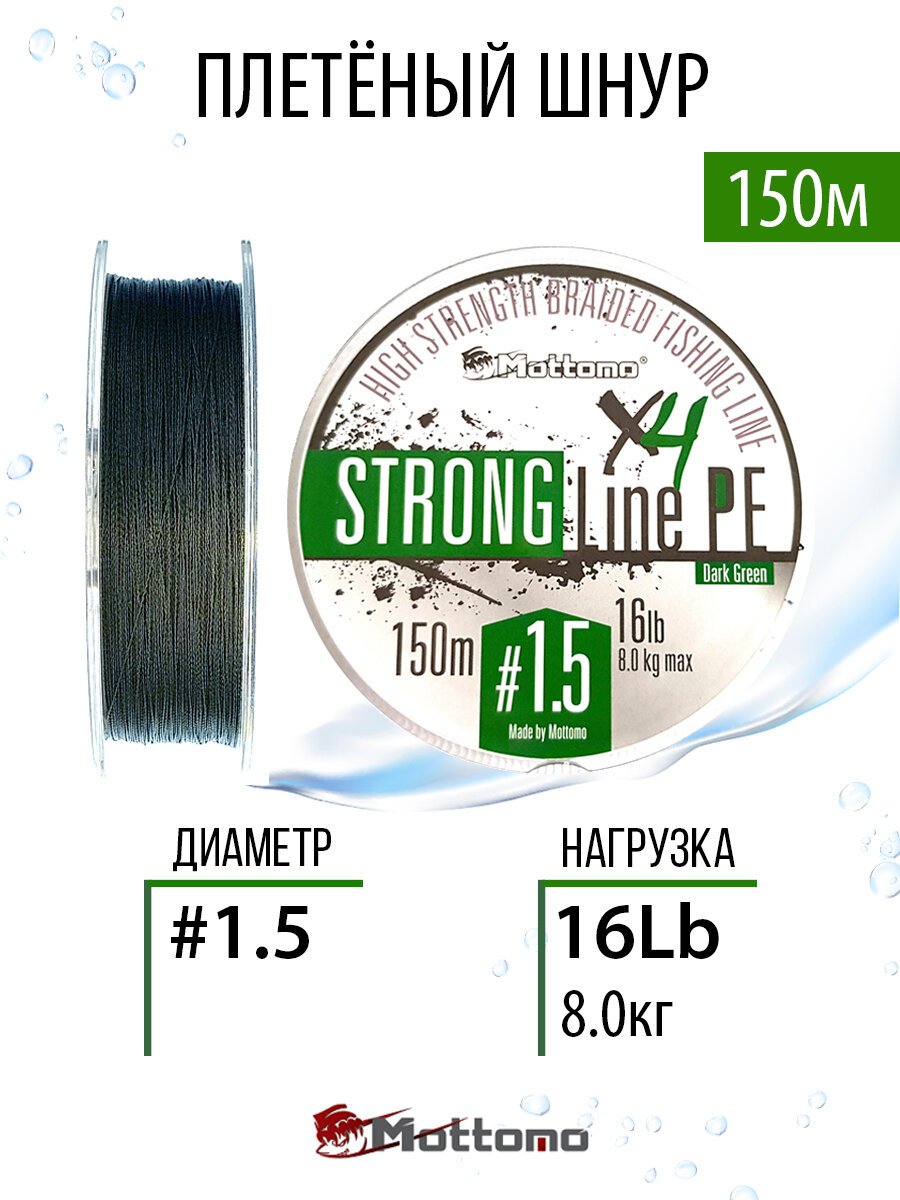 Плетеный шнур Mottomo Strong Line PE Dark Green #1.5/8kg 150m