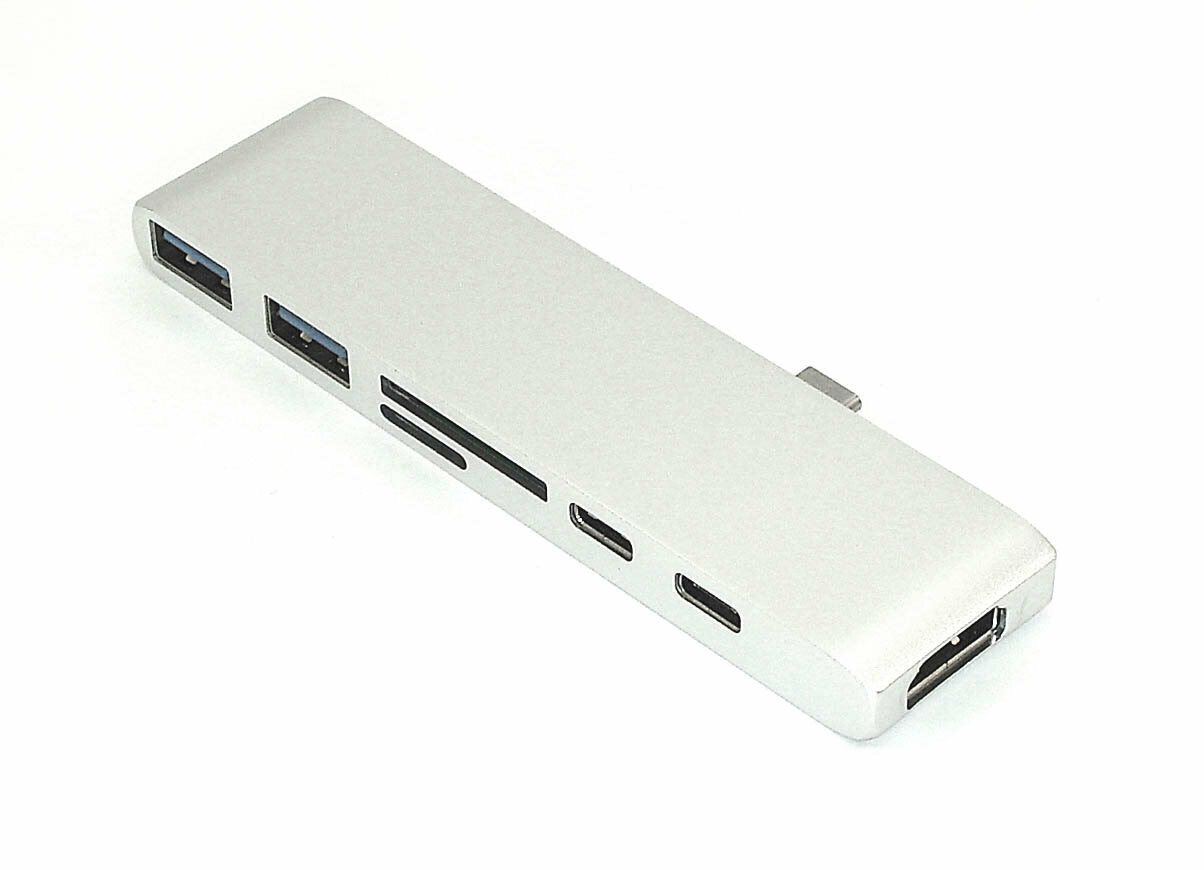 Адаптер Type C на HDMI, USB 3.0*2 + Type C* 2 + SD/TF для MacBook серебро — фото 1