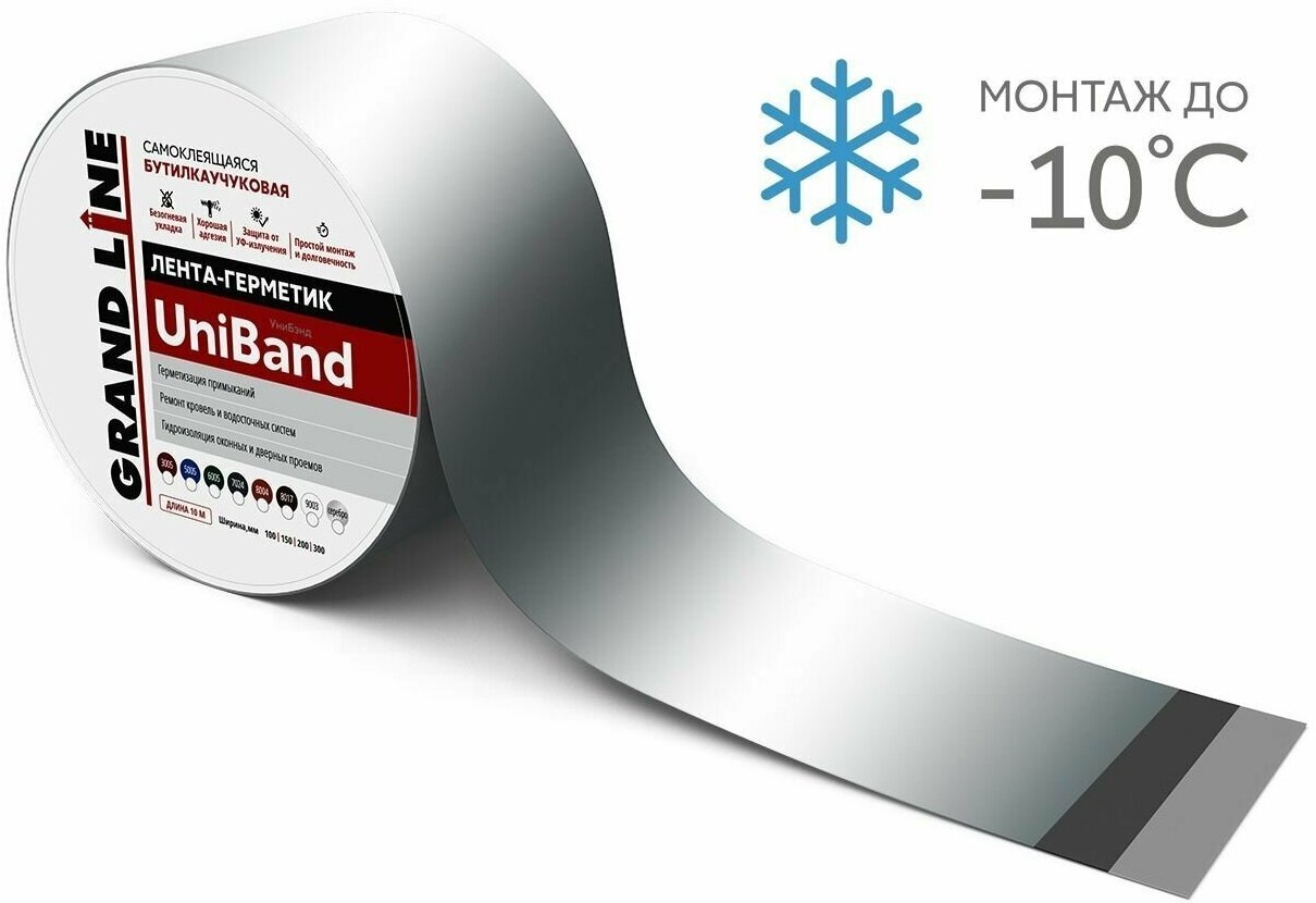 Герметизирующая лента Grand Line UniBand самоклеящаяся серебристая 10м*10см для оконных и дверных проемов