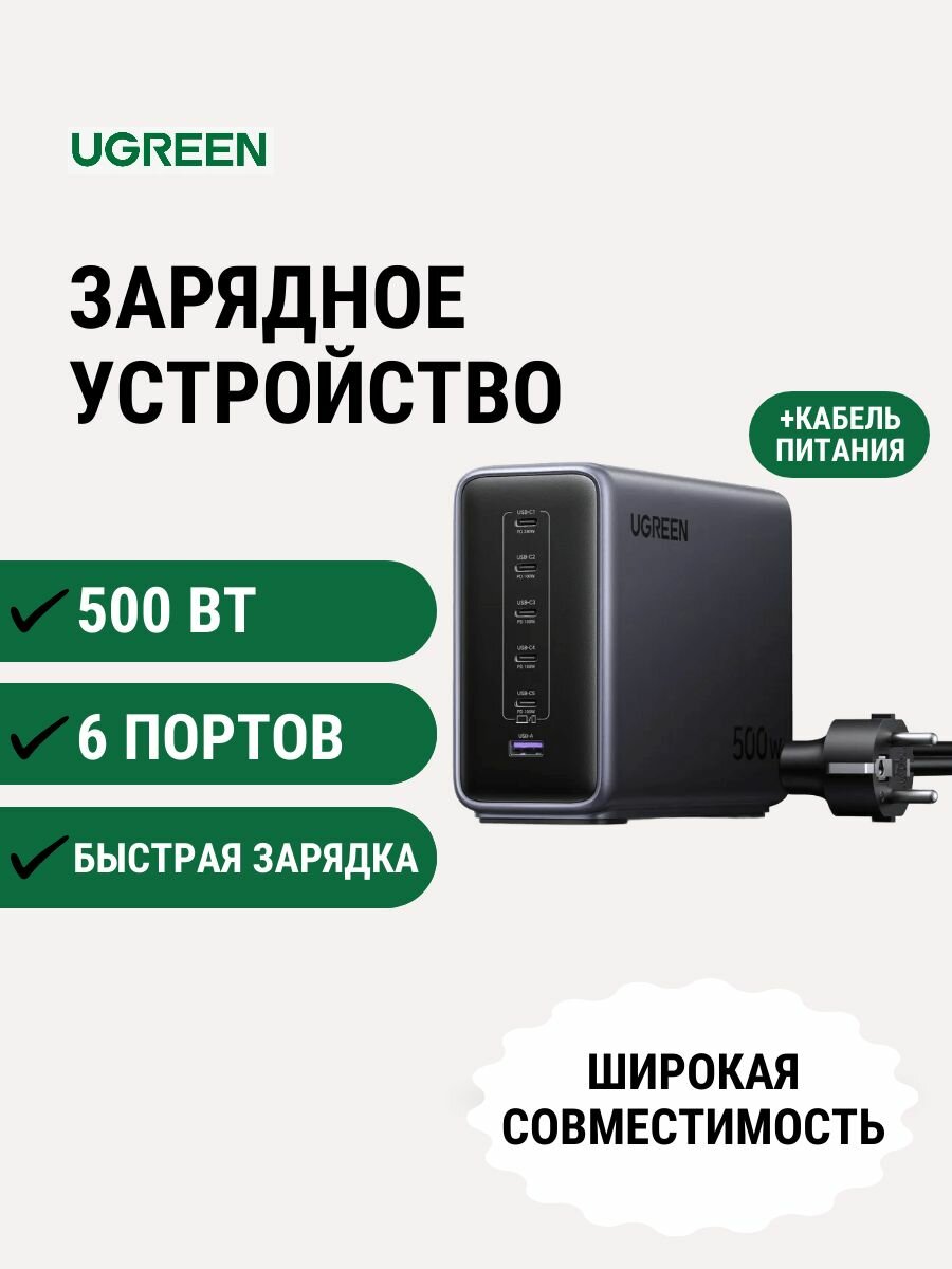Сетевое зарядное устройство Ugreen X759 6-Port 1хUSB-A + 5х USB-C 500W PD Gan Desktop Fast Charger (55550B) серый