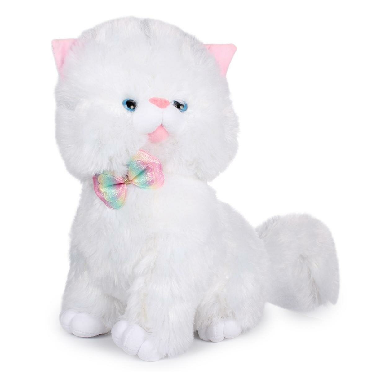Мягкая игрушка кошка TashaToys, 22x45x35 см, белая, с бантиком, искусственный мех
