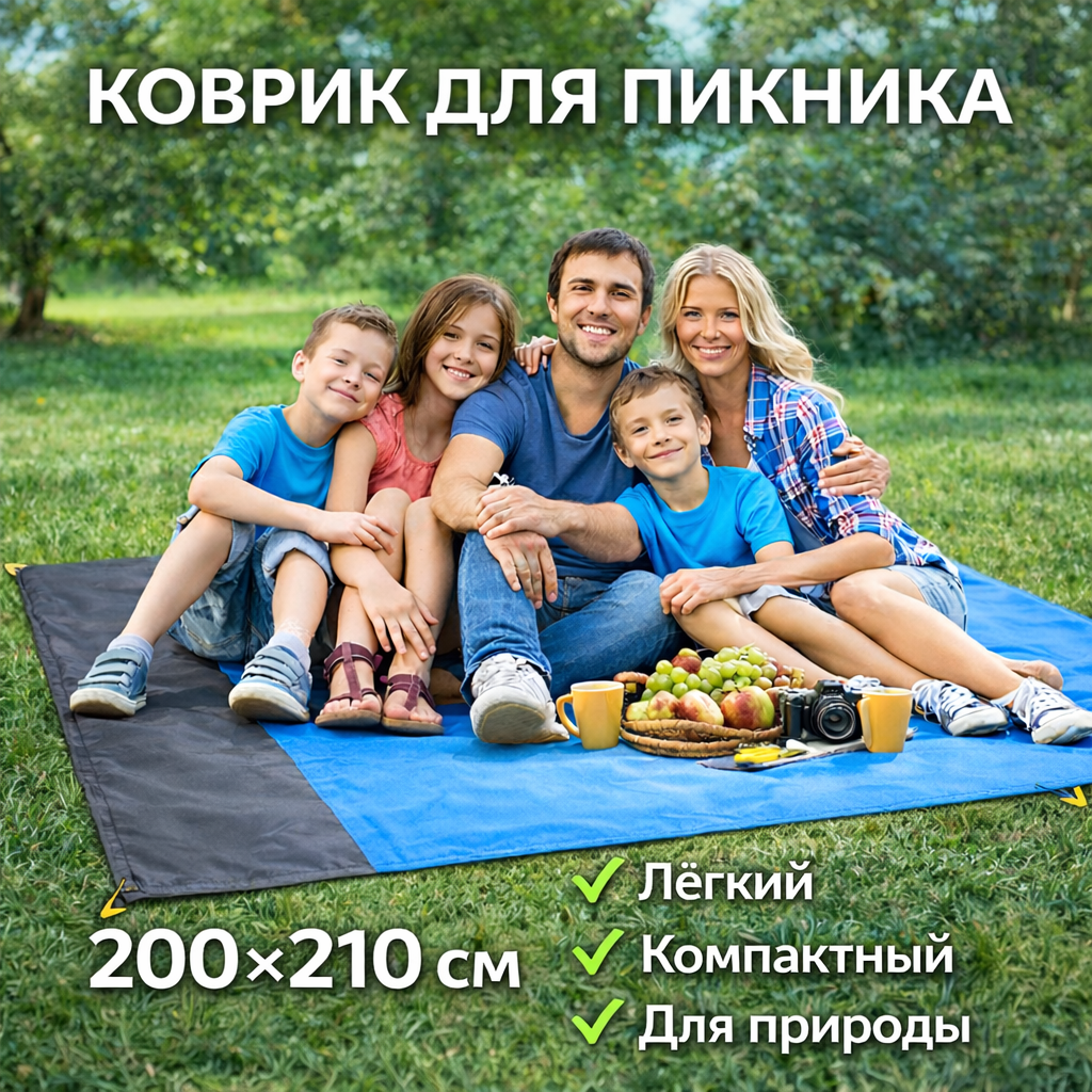 Коврик пляжный туристический для пикника, пляжа, складной голубой-серый
