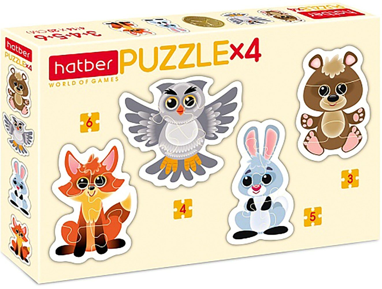 Puzzle-3, 4, 5, 6 фигурные 4 в 1 Лесные звери