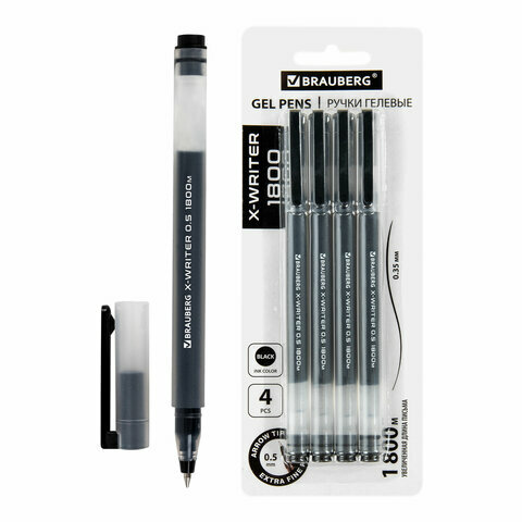 8 шт. Ручки гелевые BRAUBERG X-WRITER 1800, увеличенная длина письма 1 800 м, черные, набор 4 штуки, стандартный узел 0,5 мм, 144136