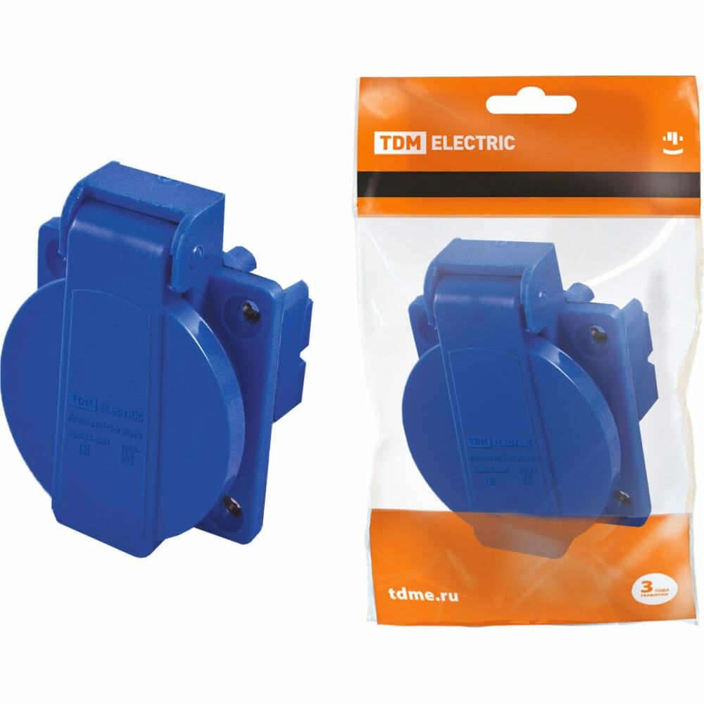 Панельная розетка с крышкой для скрытой установки TDM ELECTRIC РП10-3 IP44 16А 2Р+РЕ