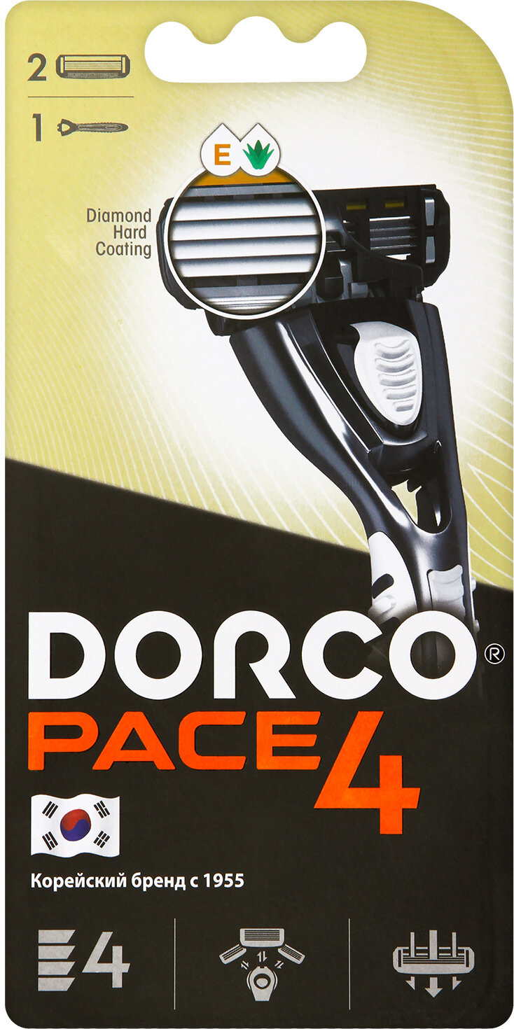 Dorco Бритва PACE4 (1 станок, 2 кассеты), 4 лезвия, крепление PACE, плавающая головка