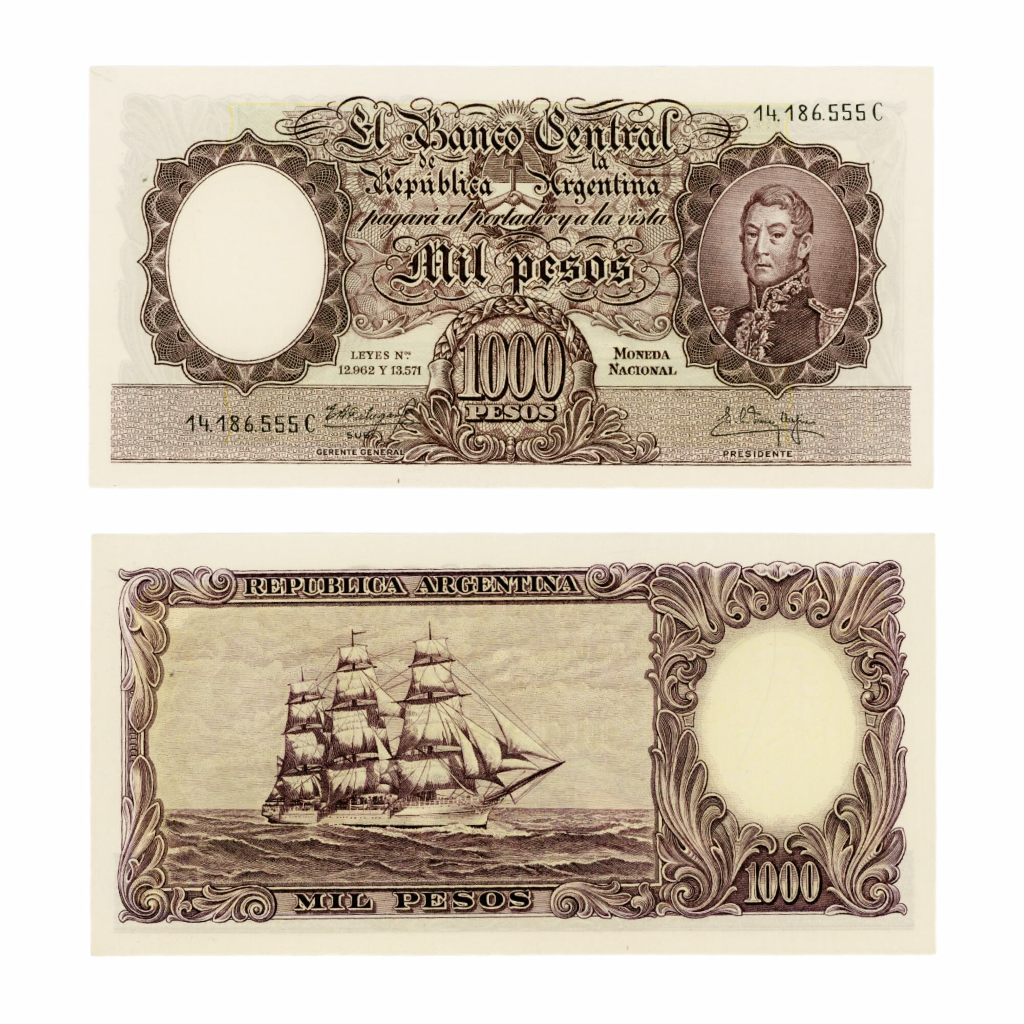 Банкнота Аргентина 1000 песо 1966-1969 годы Uncirculated (UNC) Pick-279