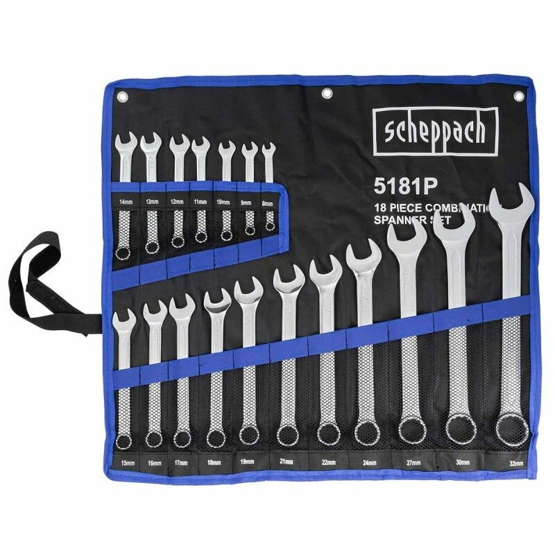 Ключи комбинированные, набор 18пр. (8-19, 21, 22, 24, 27, 30, 32мм) на полотне Scheppach