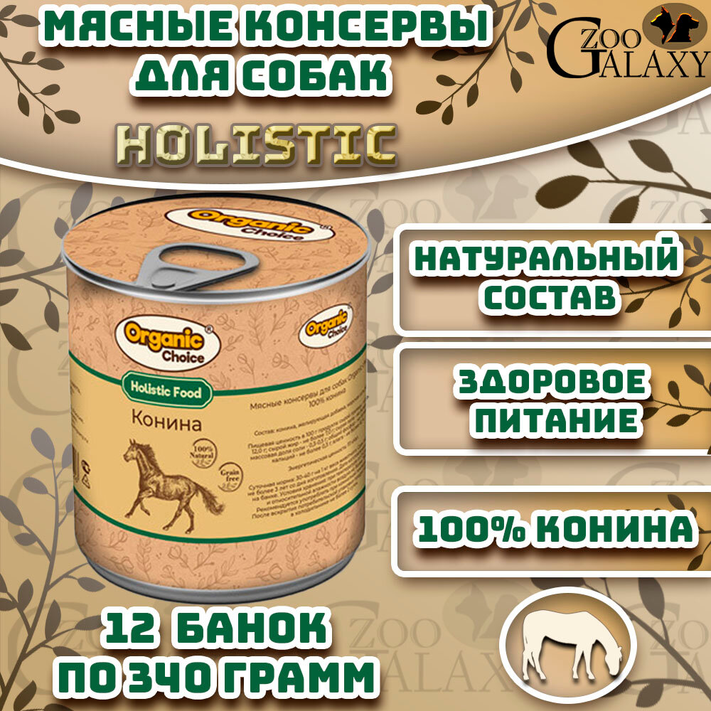 Organic Choice Консервы для взрослых собак 100 % конина, 12х340 г