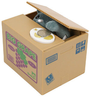 **Сув.(Миленд) КопилкаМеханическая Воришка Серый кот в коробке с Виноградом [15*12.5*12см; в ассорт.] (КМ-2270)