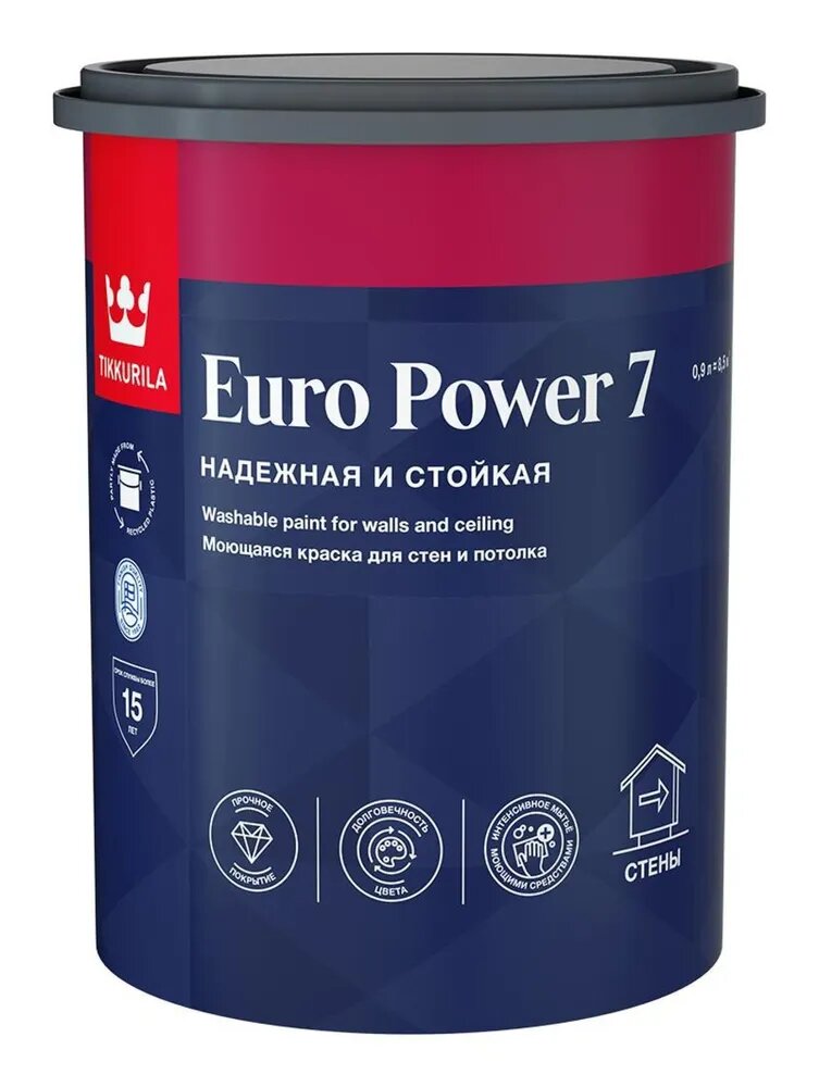 "Тиккурила" TIKKURILA EURO POWER 7 краска моющаяся, для стен и потолка, матовая, база A 0.9 л