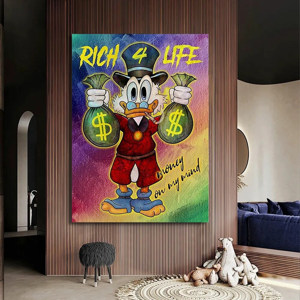 Картина "Скрудж МакДак, доллары", на холсте, на подрамнике, дерево, 60x80 см