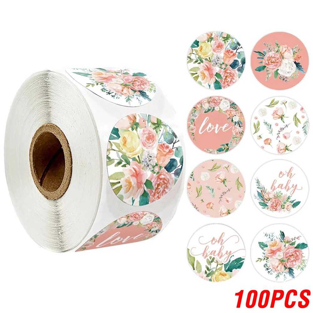 Наклейки круглые с цветами, 100 шт, белые