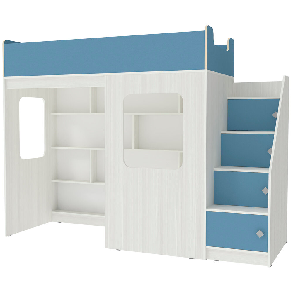 Кровать чердак Л-С604.3 80х190 Белое Дерево Светло Синий/Голубой