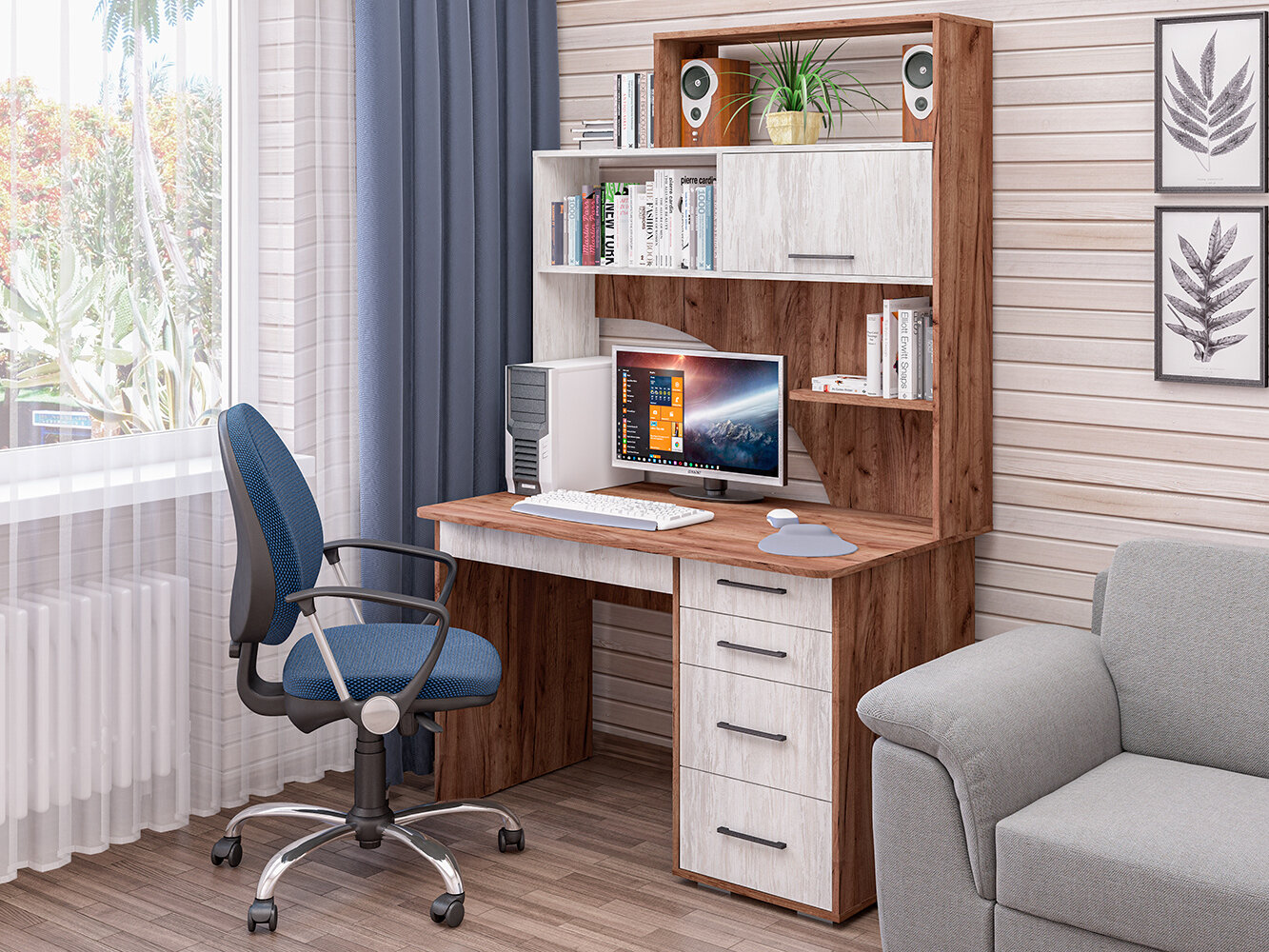 Стол компьютерный МК" Пирамида"СК-56 с надстройкой, универсальный (правы, левый), цвет табак/артвуд, 191х120х70 см