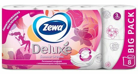 Туалетная бумага Zewa Deluxe белая 3-слойная, 8 рулонов
