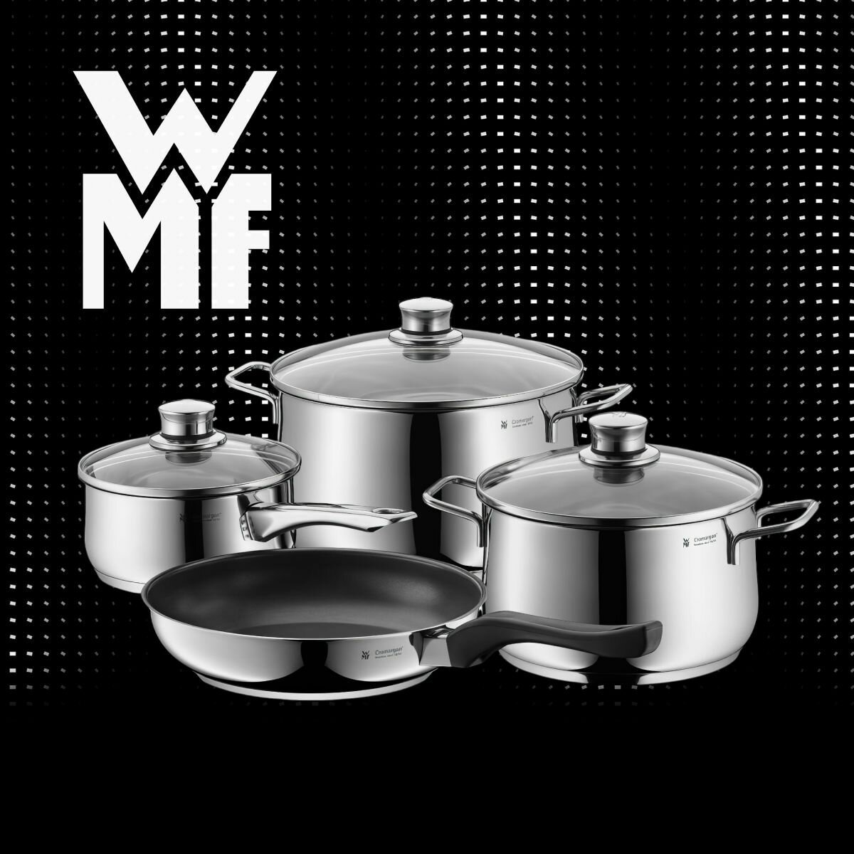 Набор посуды WMF Diadem Plus, для всех типов плит, включая индукционные, из нержавеющей стали, кастрюли, ковш и сковорода с керамическим антипригарным покрытием