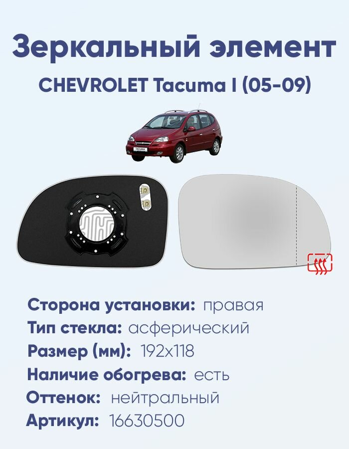 Зеркальный элемент правый CHEVROLET Tacuma I (05-09) асферика нейтральный с обогревом