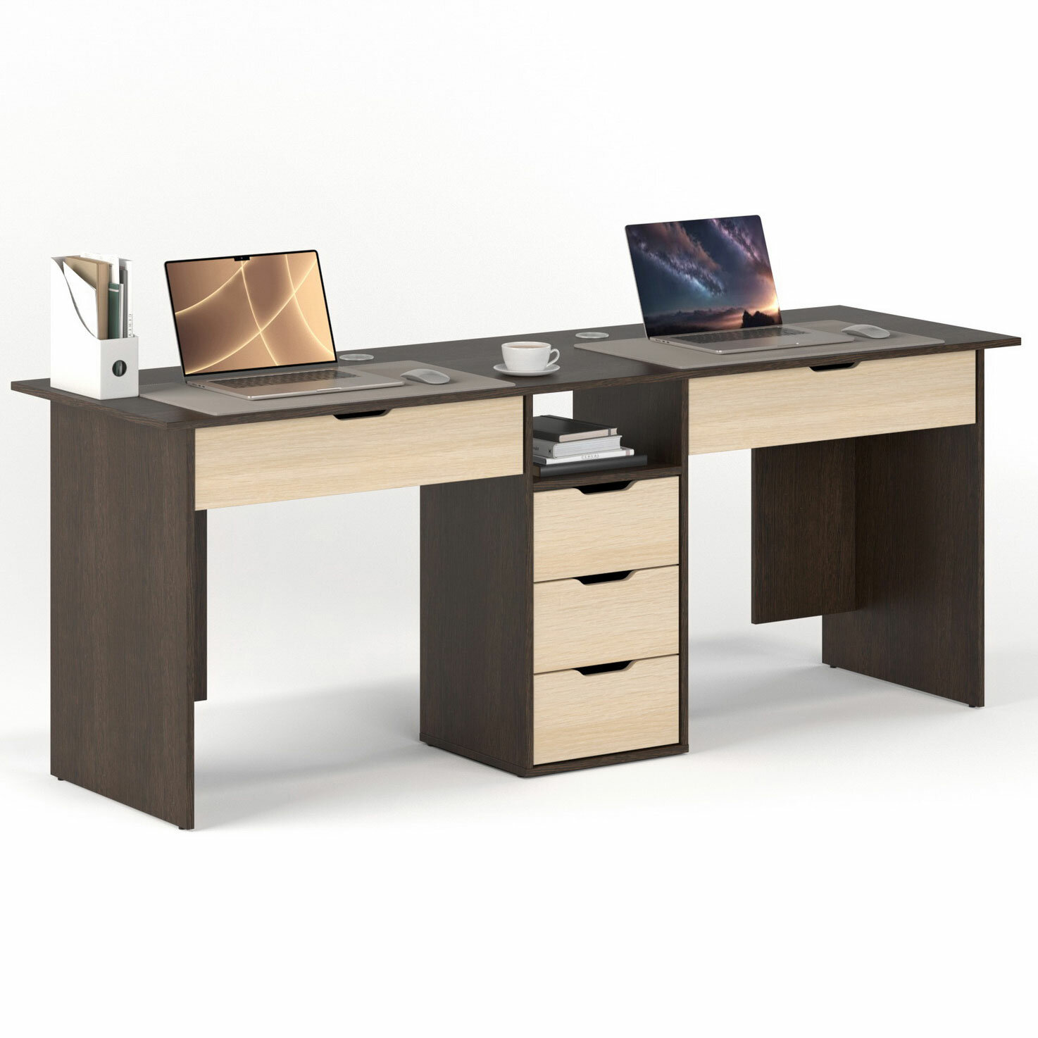 Письменный стол для двоих однотумбовый с 5 ящиками МагМебель Б89Я венге, дуб молочный