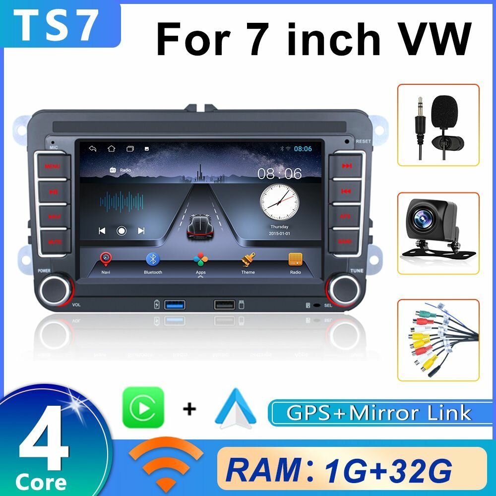 Магнитола 7 дюймов For VW Для Volkswagen SKODA SEAT TS7 1+32 CarPlay Android Auto 2 DIN WiFi BT/навигатор/USB Android сенсорный экран