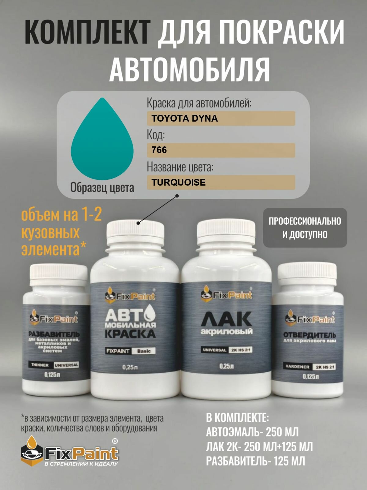 Комплект для покраски TOYOTA DYNA, код 766, TURQUOISE, базовая автомобильная краска 250 мл, лак 2K 250 мл с отвердителем, разбавитель 125 мл, FixPaint Pro