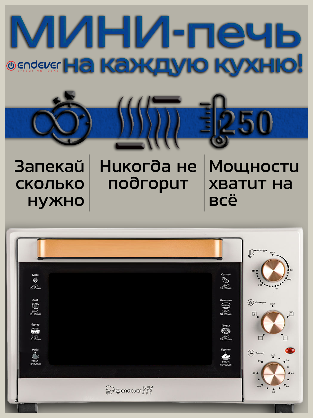Мини-печь ENDEVER Danko-4038, двойное стекло, нагрев с 4 сторон, 1600 вт, таймер на 2 часа