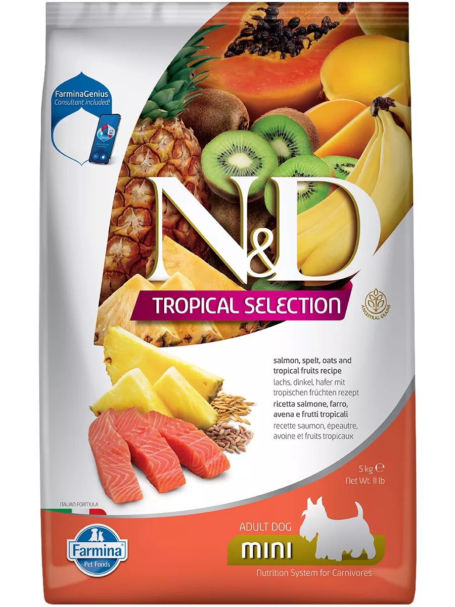 Корм сухой Farmina Dog N&D Tropical Selection Adult Mini Salmon низкозерновой для взрослых собак маленьких пород, лосось, спельта, овес, тропические фрукты, 5 кг 4 шт