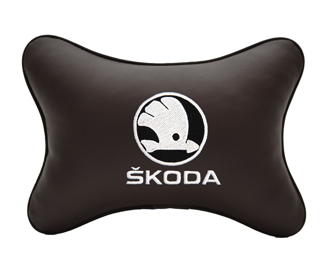 Подушка на подголовник автомобильная коричневая экокожа (белая) SKODA