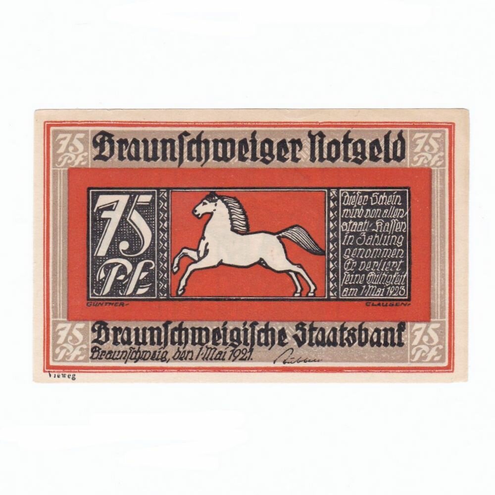 Германия (Веймарская Республика) Брауншвейг 75 пфеннигов 01.05.1921 г. (Вид 3)