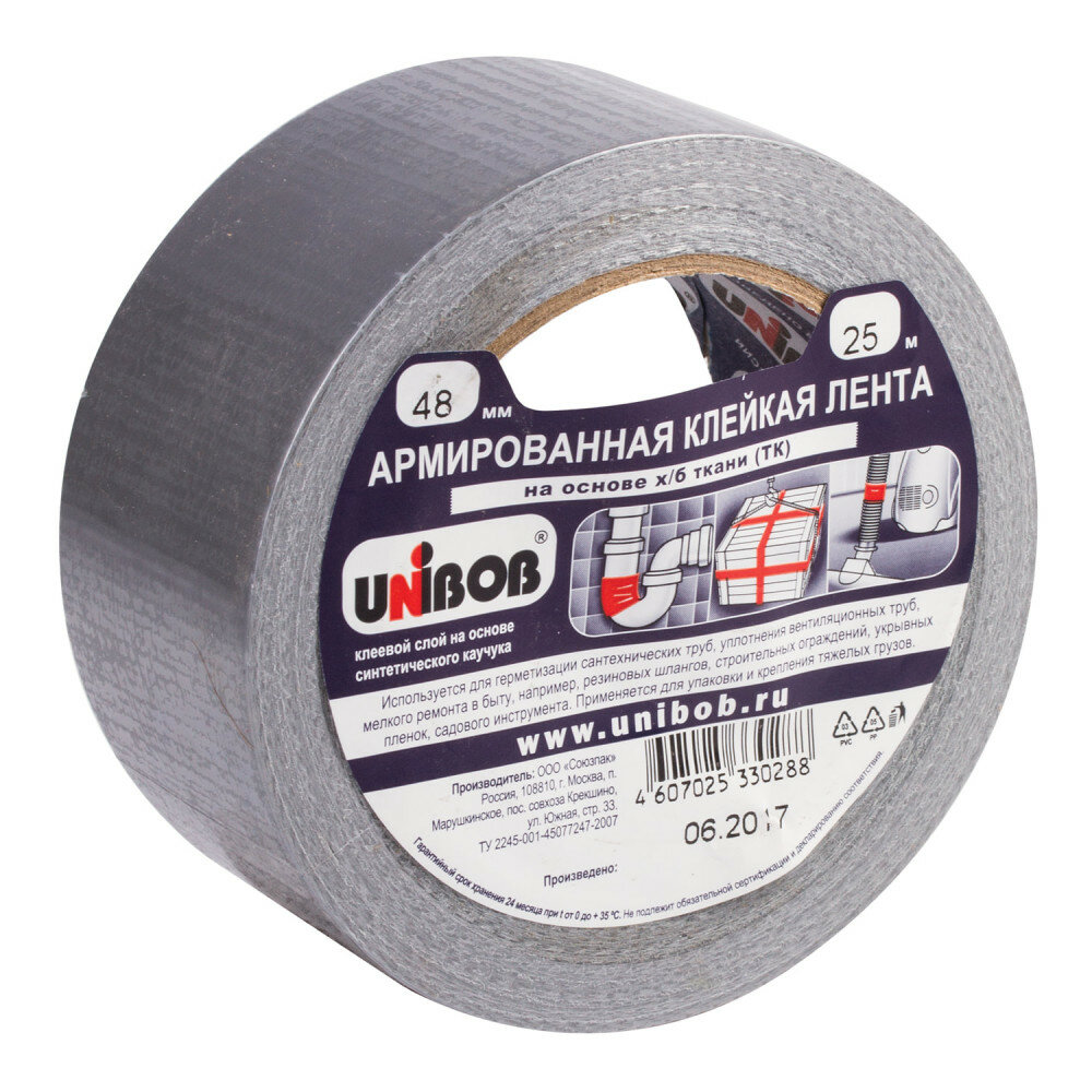 Клейкая лента армированная 48 мм х 25 м UNIBOB основа-х/б ткань прочная европодвес 1 шт