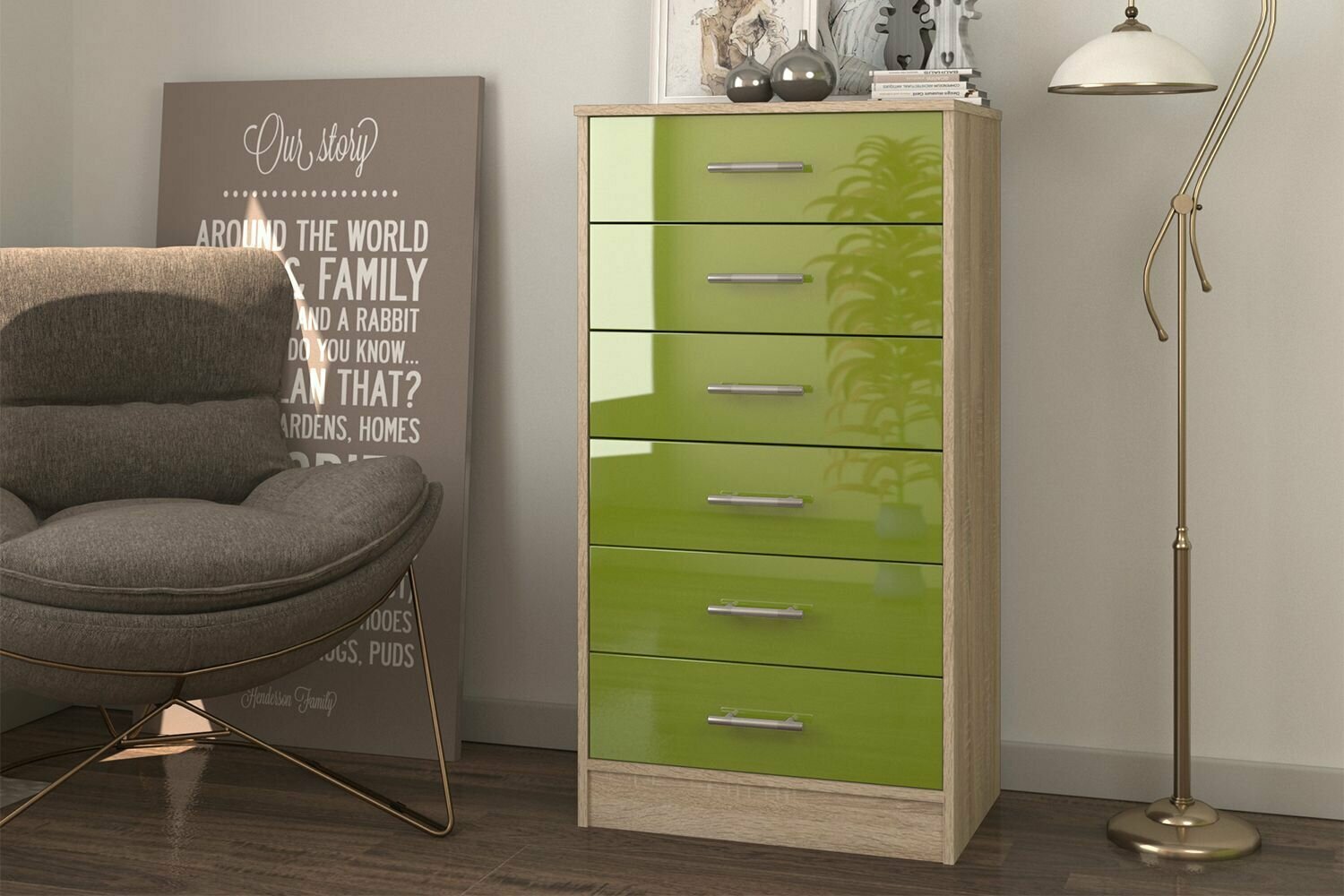 Комод Ричард 0.6 60х42х114 МДФ глянец Лайм DM357-6T, корпус дуб сонома, 6 ящиков