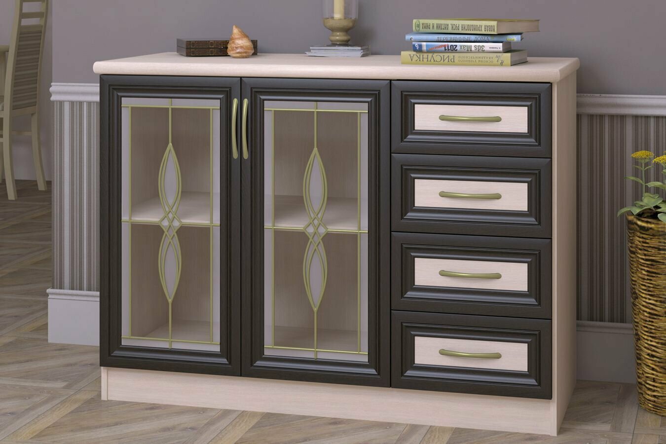 Комод №8 120х48х90 дуб млечный, рамка резная МДФ венге цаво, витражное стекло