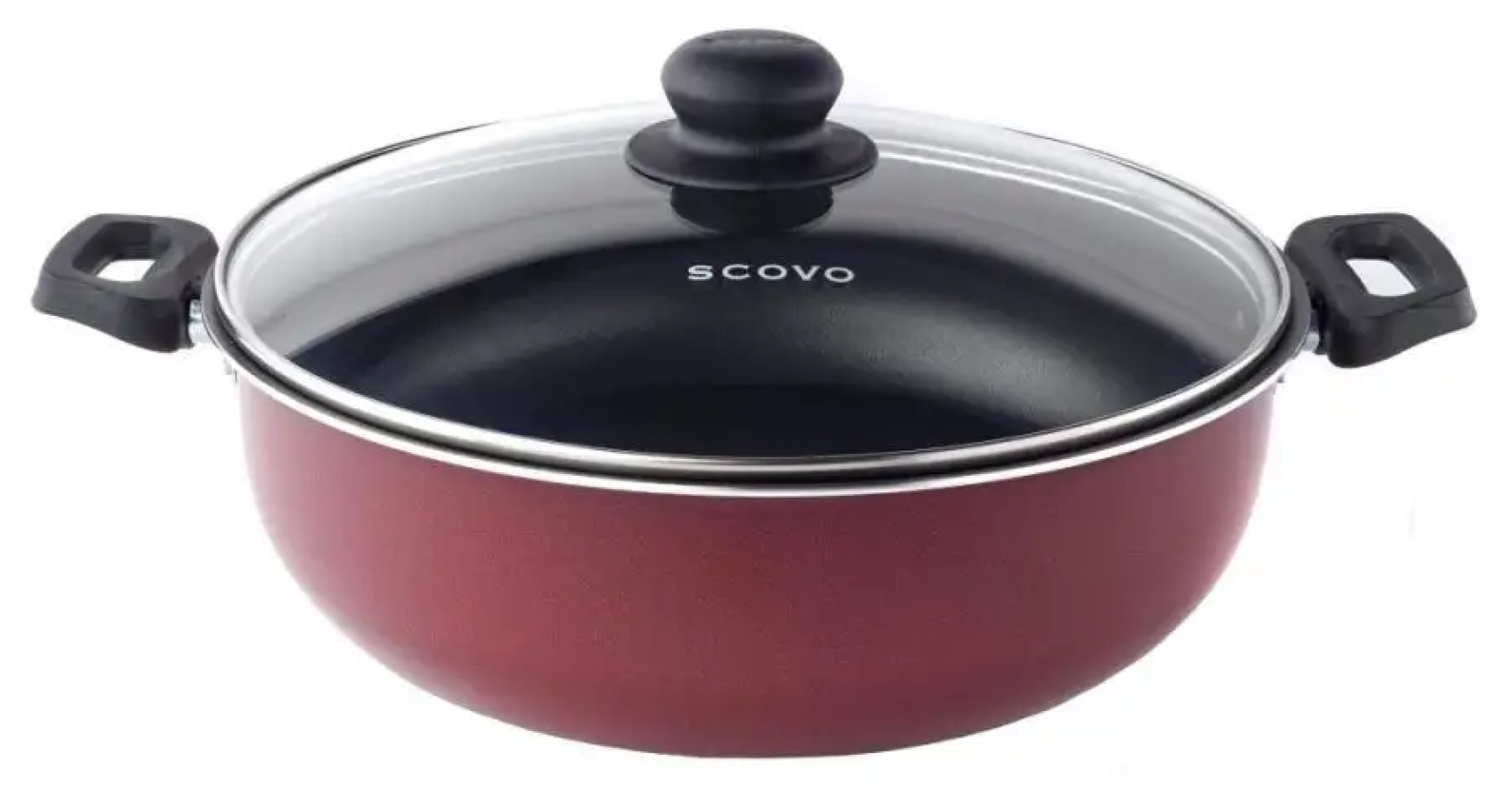 Жаровня алюминиевая Scovo / Сково Expert глубокая, со стеклянной крышкой, бордовая, диаметр 24см, объем 3.1л / посуда