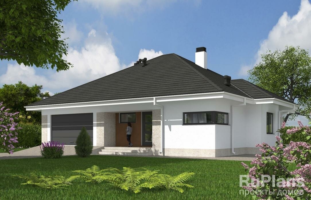 Проект одноэтажного дома с террасой и гаражом (148 м2, 16м x 14м) Rg5518