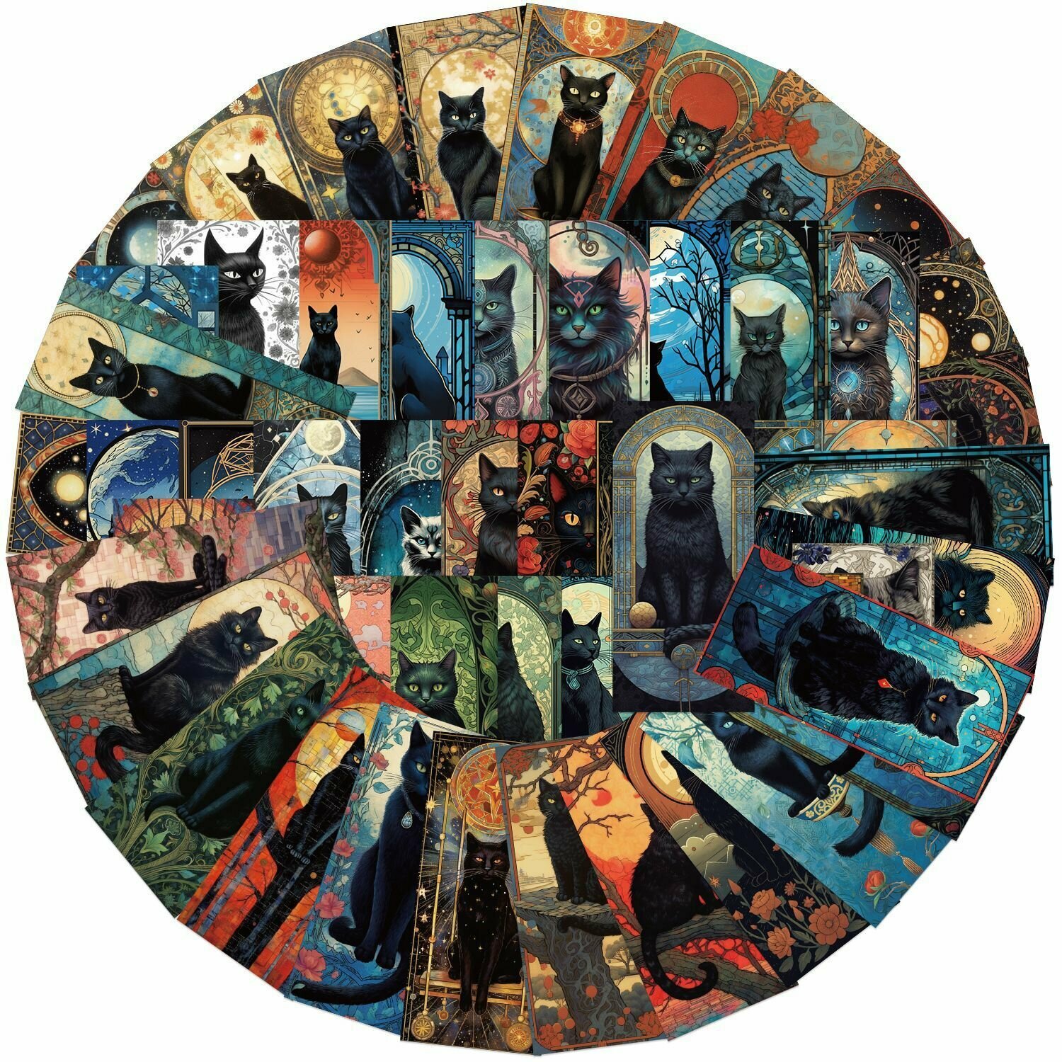 Наклейки для ежедневника и скрапбукинга, "Чёрная кошка, черный кот, мистический кот", 60 шт.