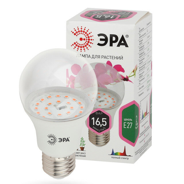 ЭРА 11Вт E27 220В полноспектральная лампа для растений белый грушевидный корпус