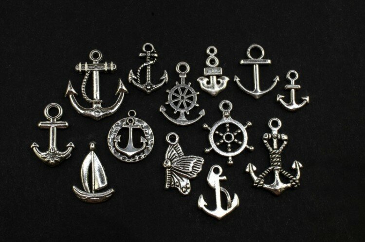 Подвеска Морская микс 14-23х10-20х1,5-3 мм, отверстие 1-3мм, цвет античное серебро, сплав металлов, 22-318, 10г (около 7-9шт)