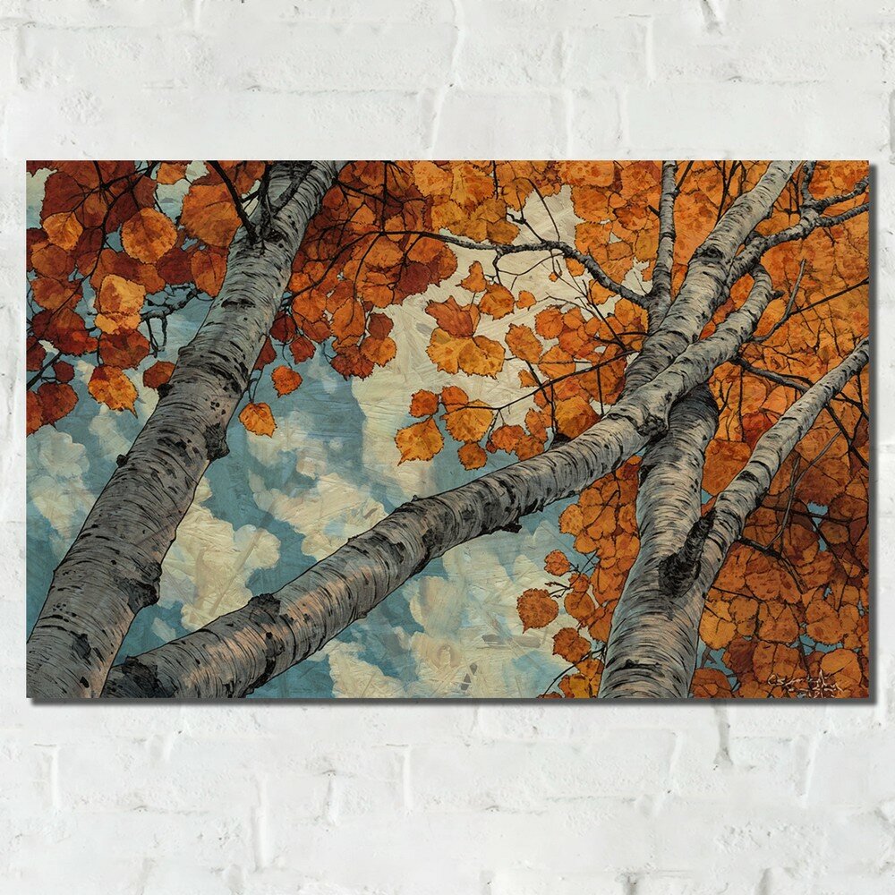 Картина интерьерная на рельефной доске осенний лес (роща, береза, природа, небо) - 15841