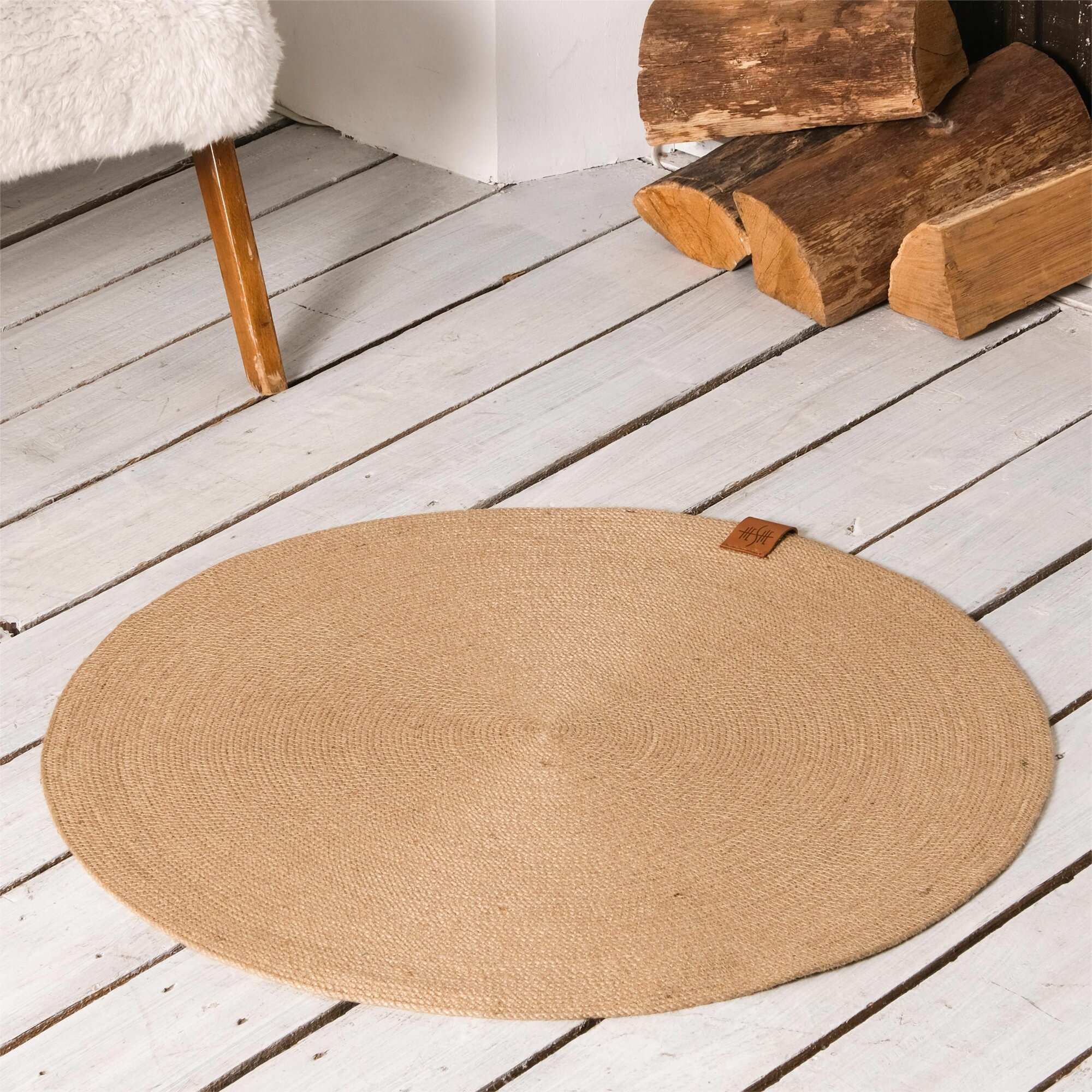 Ковер плетеный из джута, экоковрик джутовый круглый ручной работы, бежевый, диаметр 70 см, безворсовый
