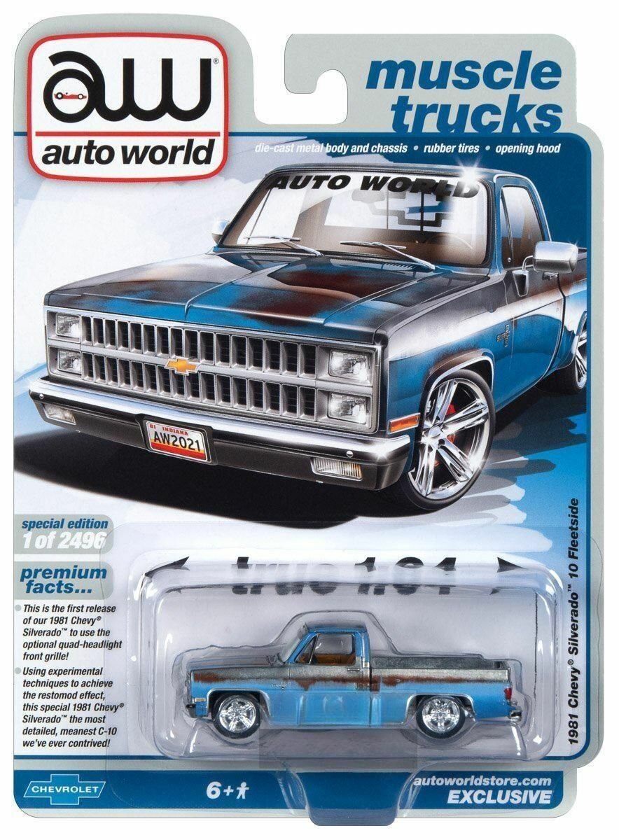 Машинка AW Auto World 1/64 Chevrolet Chevy Silverado muscle trucks GULF Oil Rat Fink Mouse Track 10 Fleetside Racing Legends used version make old Pickup Alloy Car Model Collection Gifts