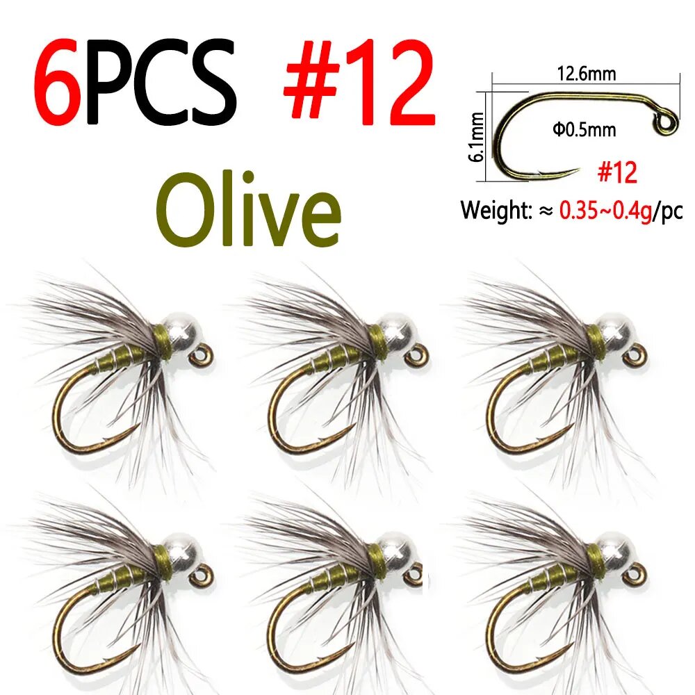 Bimoo 6 шт #12 #14 #16 Вольфрамовые бусины Grizzly Hackle Jig Nymph Fly 6PCS Olive Size 12