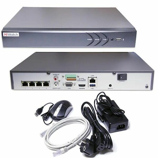 IP Видеорегистратор сетевой NVR HiWatch DS-N304P(D) 4 POE порта сетевой 4-х канальный 8МП 4096x2160 30к/с на канал H.265+