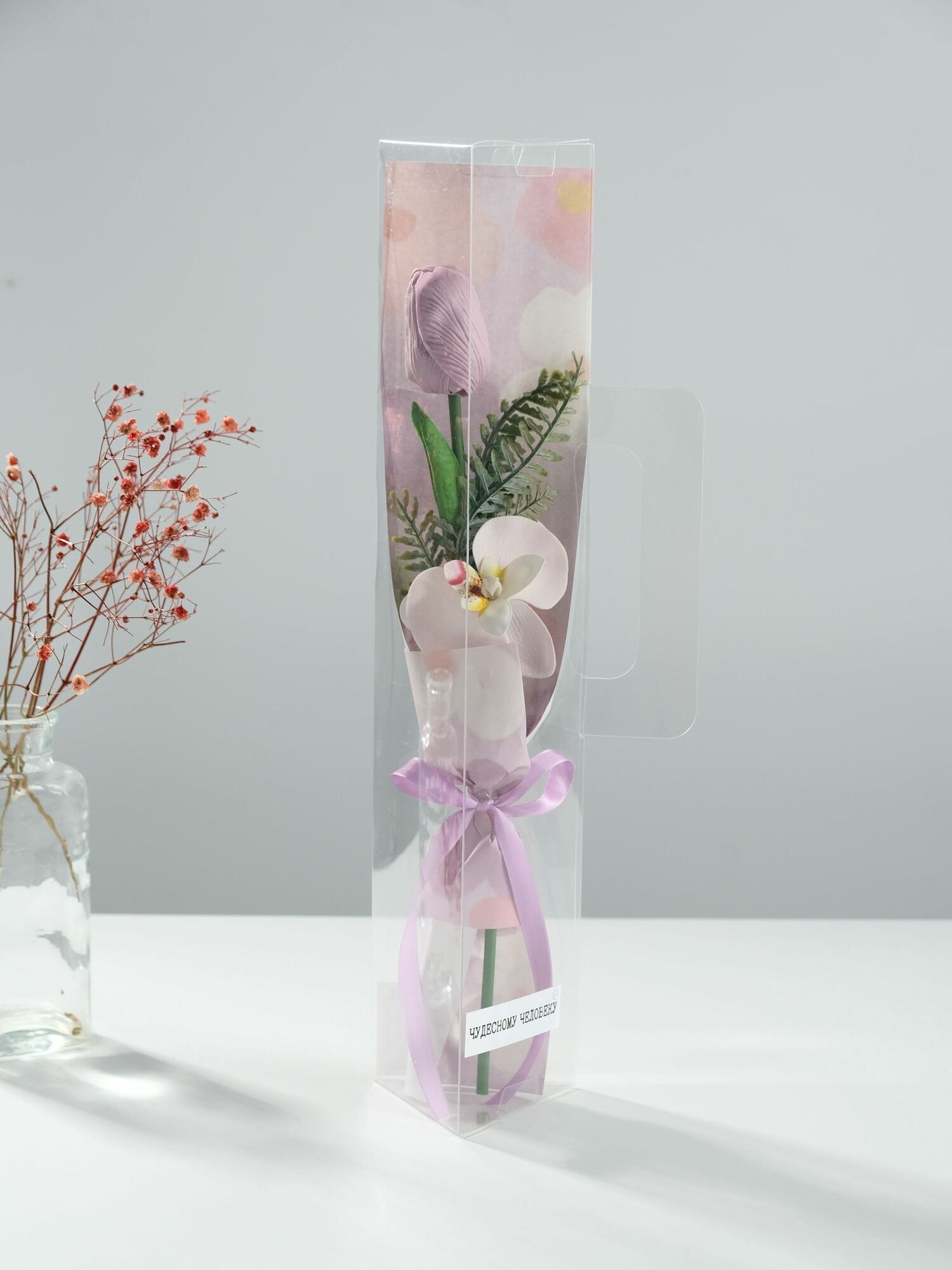 Цветы из мыла букет "Тюльпан с орхидеей", подарок женщинам, сиреневый, 8.5*7.4*38.6 см