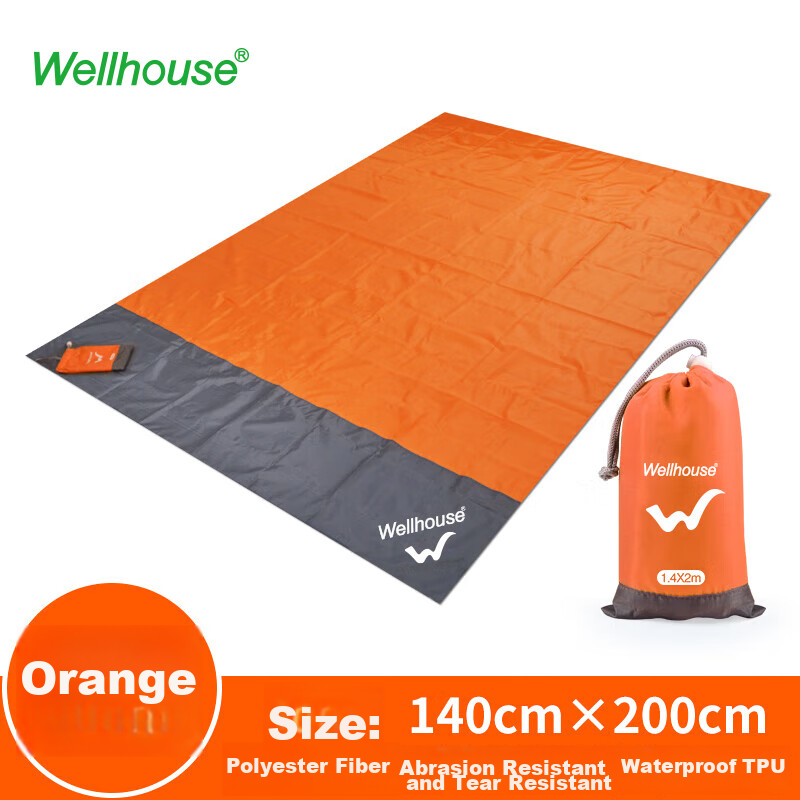 WELLHOUSE Lightweight Mat, Beach Grass Picnic Mat, Thin And Portable, Foldable with Ground Stakes, Orange-Gray, 1.4*2m