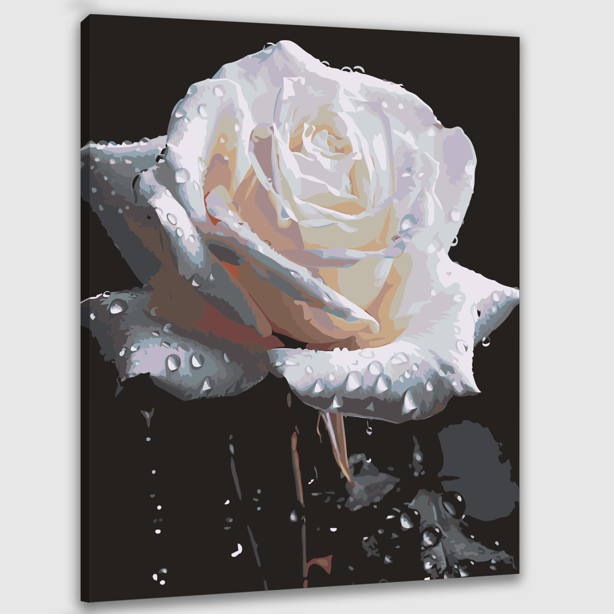 Картина по номерам 40x50 см, белая роза, крупный план, вода, капли, лепестки, красота, нежность, безмятежность