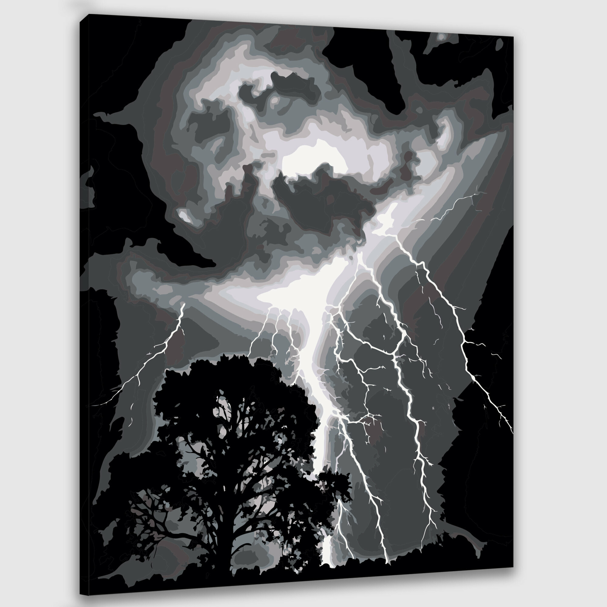 Картина по номерам 40x50 см, черно-белая фотография, гроза, молнии, ночное небо, грозовые тучи, энергия, мощь